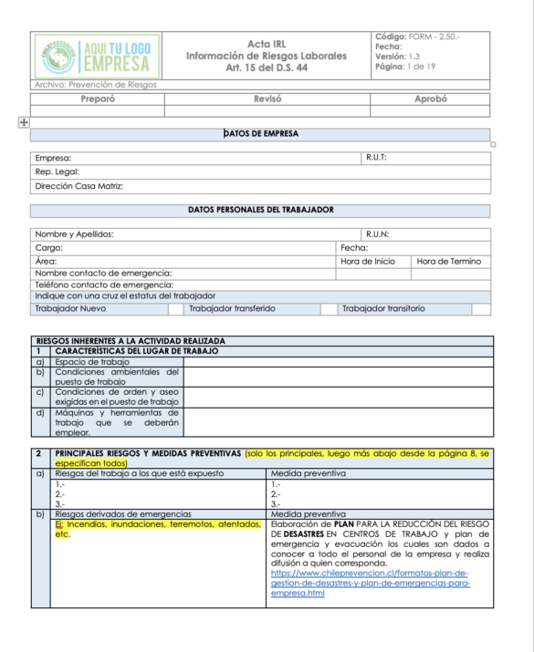 FORMATO IRL DS 44 IFSS INFORMACION DE RIESGOS LABORALES GENERICO (ex odi y derecho a saber ...