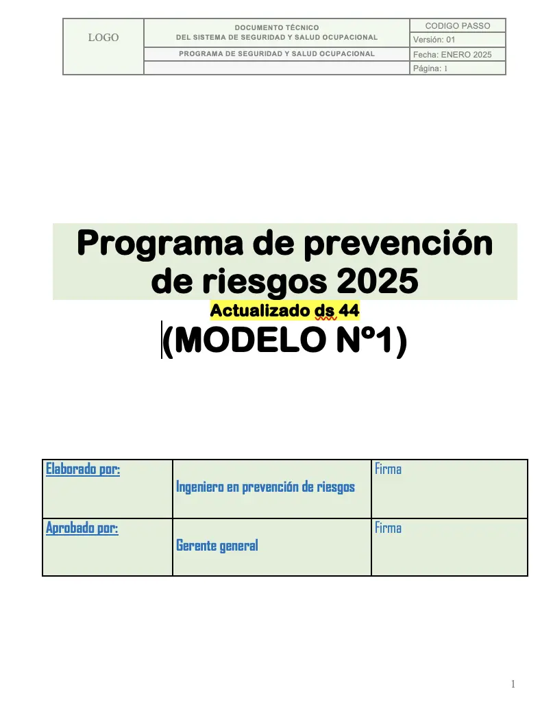 PROGRAMA ANUAL DE PREVENCIÓN DE RIESGOS 2025 Modelo 1 v1 - ChilePrevencion el portal de los ...