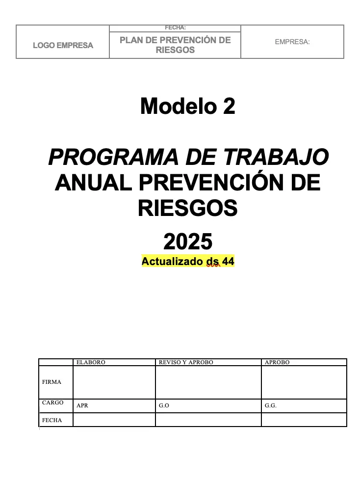PROGRAMA ANUAL DE PREVENCIÓN DE RIESGOS 2025 MODELO 2 v2 - ChilePrevencion el portal de los ...