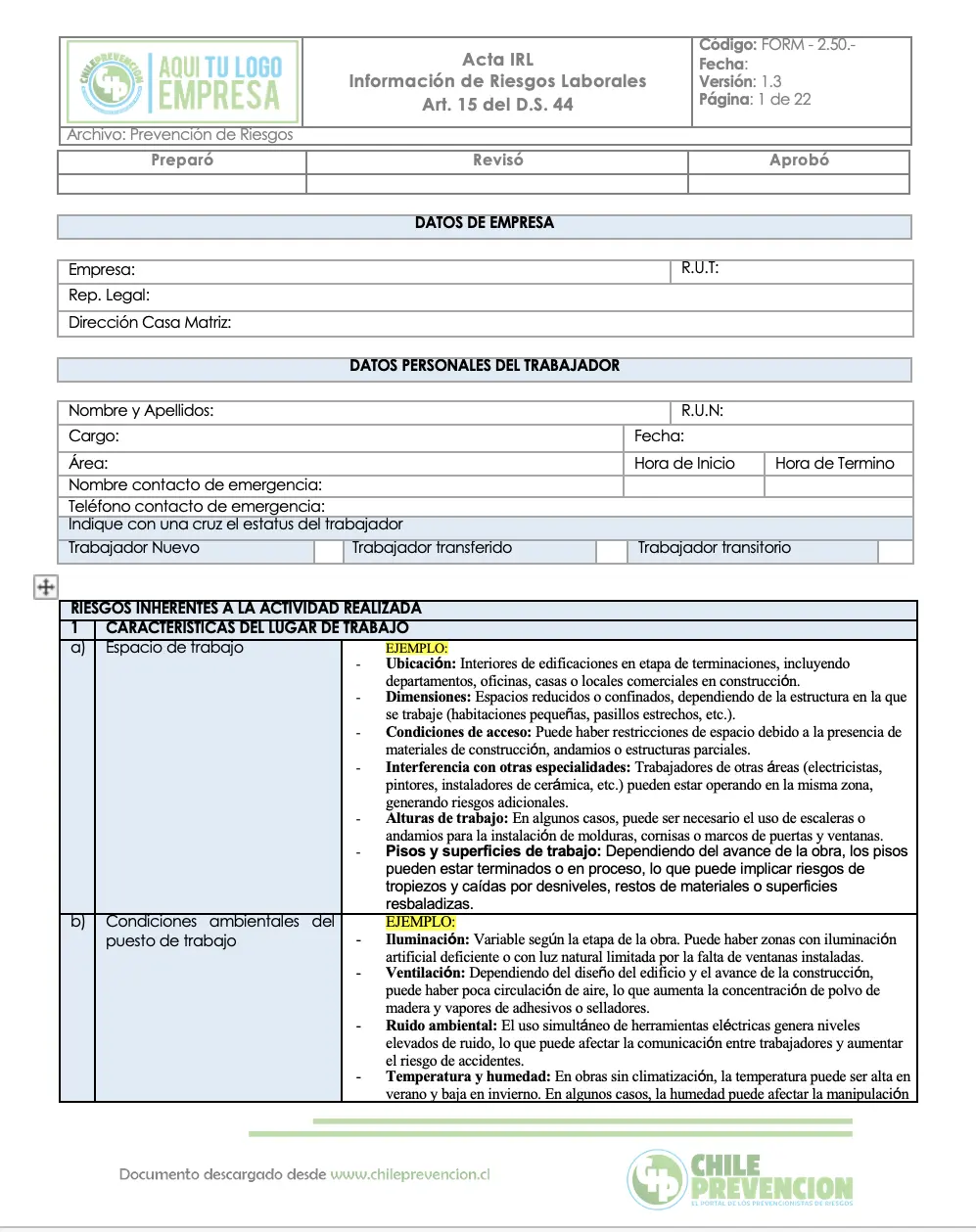 FORMATO IRL (ex ODI) Información de los Riesgos Laborales DS 44 V4 ...