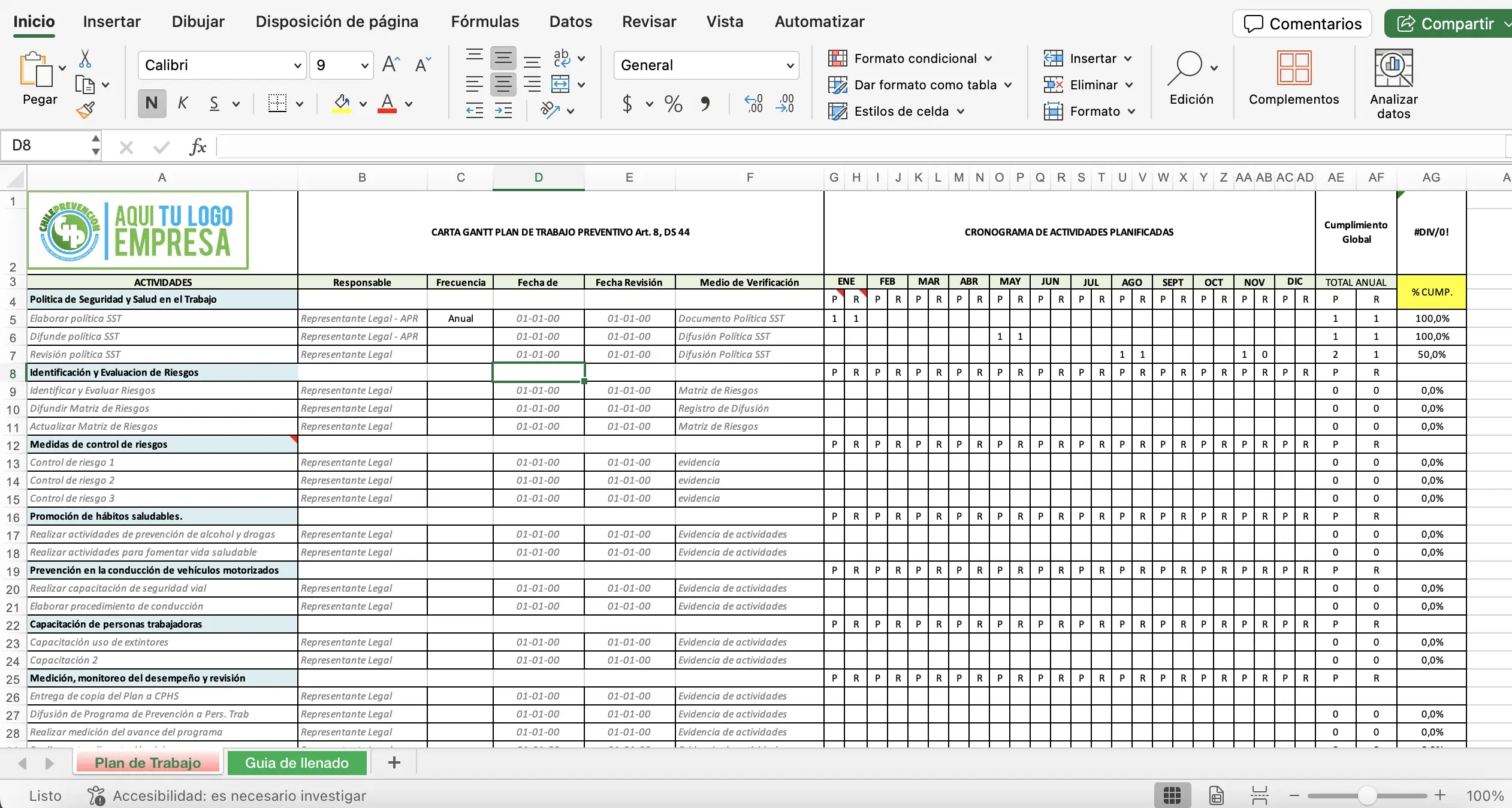 Carta Gantt Plan de Programa de Trabajo Preventivo ds 44 - ChilePrevencion el portal de los ...