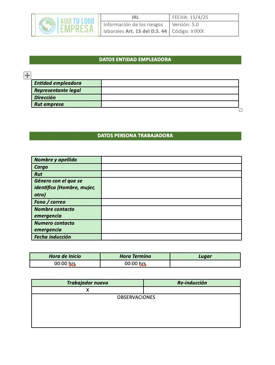 FORMATO IRL DS 44 (EX ODI) INFORMACION DE LOS RIESGOS LABORALES - ChilePrevencion el portal de ...