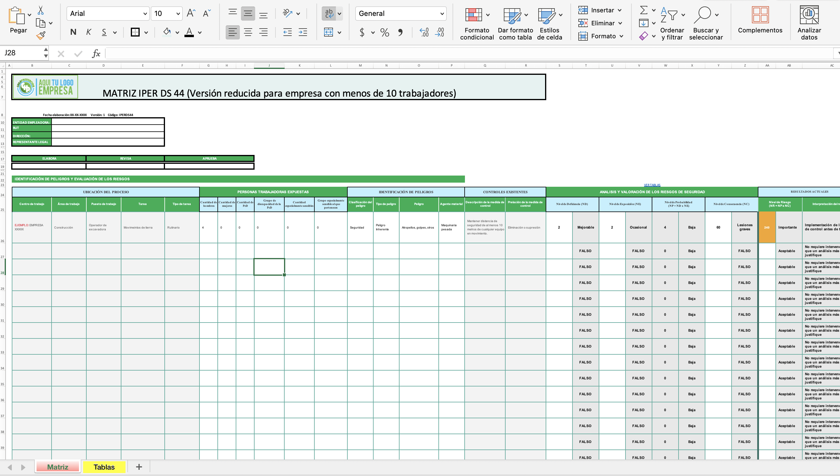 Matriz IPER DS 44 versión reducida para empresas con menos de 10 ...
