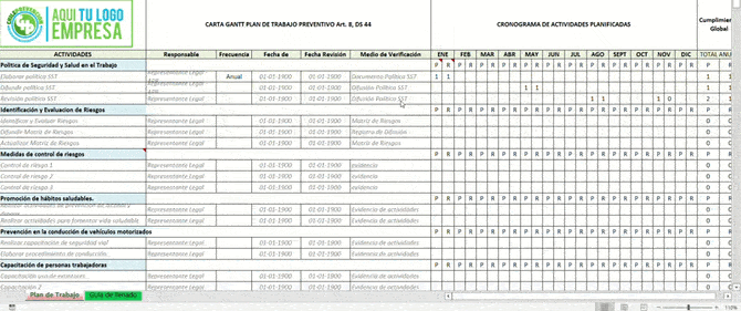 FORMATO: NUEVO PROGRAMA DE TRABAJO PREVENTIVO DS 44 Articulo 8. Incluye carta gantt ...