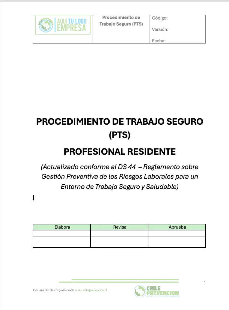 PROCEDIMIENTO DE TRABAJO SEGURO (PTS) PROFESIONAL RESIDENTE - ChilePrevencion el portal de los ...