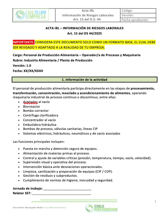 IRL Personal de Producción Alimentaria - ChilePrevencion el portal de ...