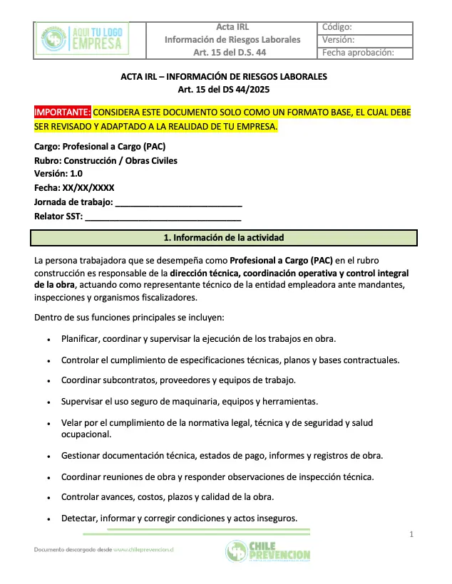 IRL PROFESIONAL A CARGO (PAC) RUBRO CONSTRUCCIÓN - ChilePrevencion el ...